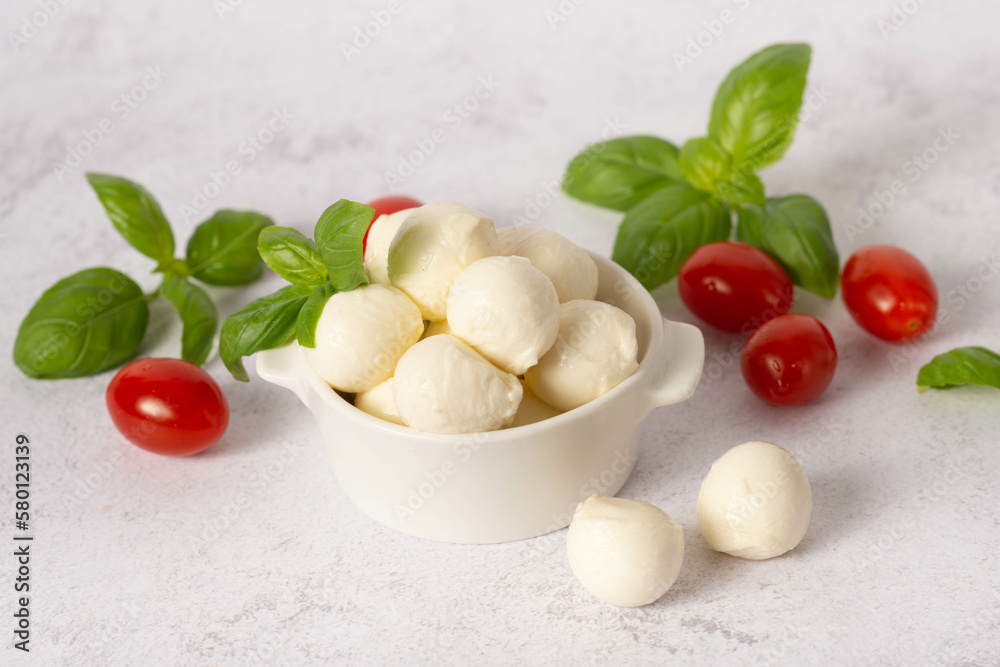 Baby mozzarella on white background. Group of bocconcini mozzarella ...