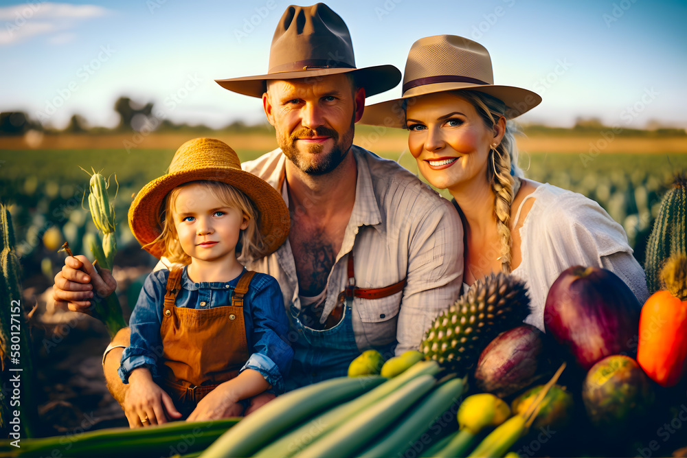 Happy father mom and daughter with hats on a farm plot in a village ...