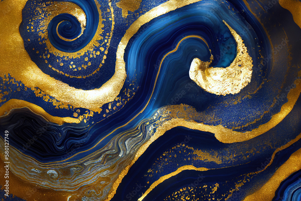 Stockillustratie Blue and golden acrylic liquid ink swirl abstract ...