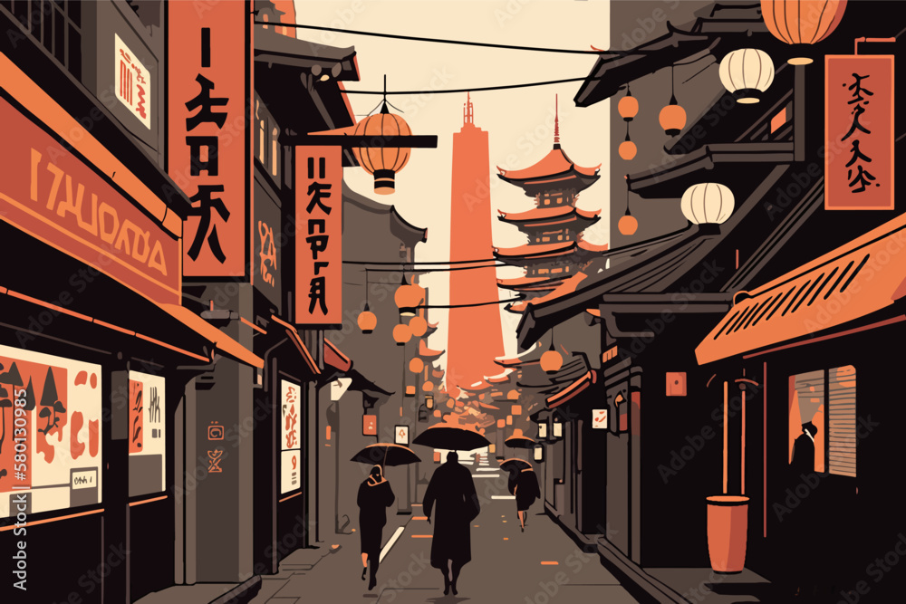 Japanese street flat illustration, 2d vector illustration, EPS 10 ...