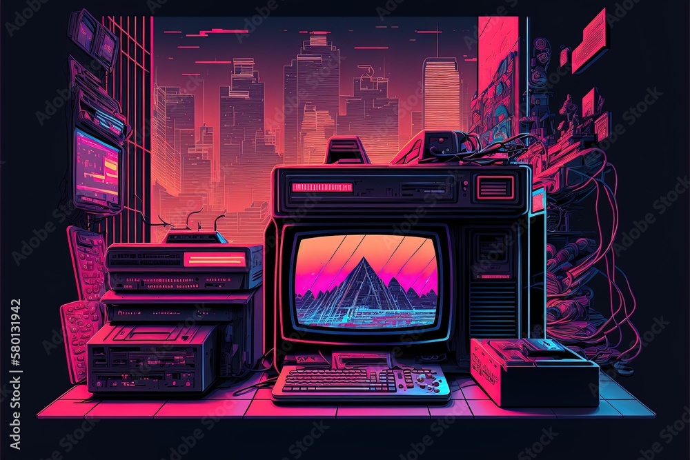Retrowave gaming theme in style of 80's. Arcade gaming club, gaming ...