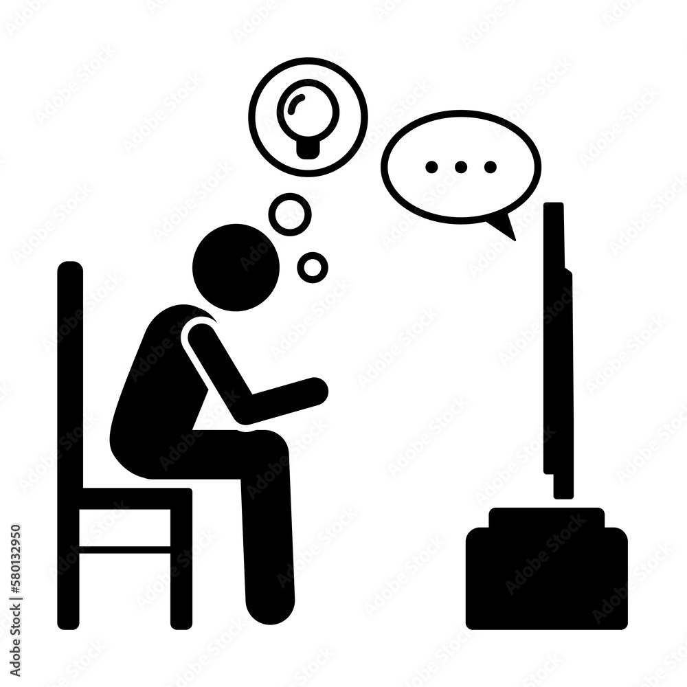 Man have idea during watching tv icon. Simple pictogram of human with ... Man have idea during watching tv icon. Simple pictogram of human with ...