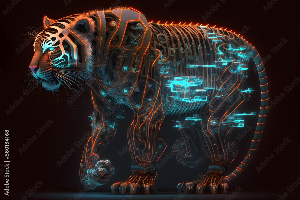 Tiger. Robo tiger. Cyborg tiger. 3D rendering of a tiger in futuristic ...