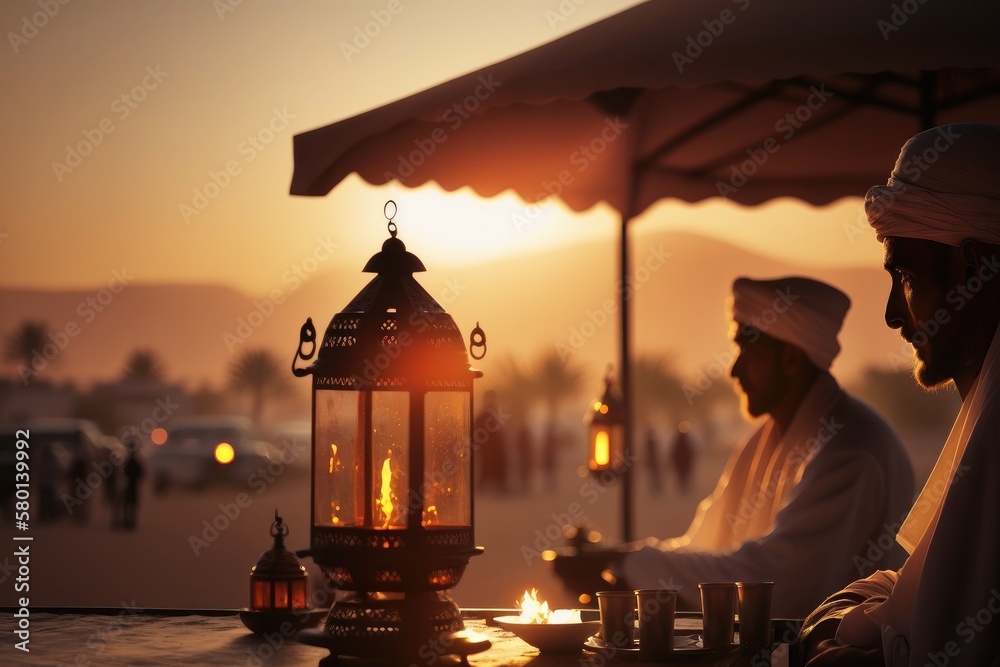 Silhouette Muslim man and woman making a supplication (salah)sitting on ...