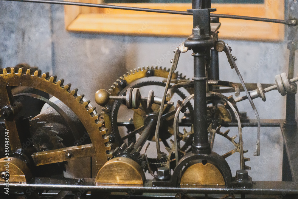 The mechanism of the gears of a large mechanical clock Stock Photo ...