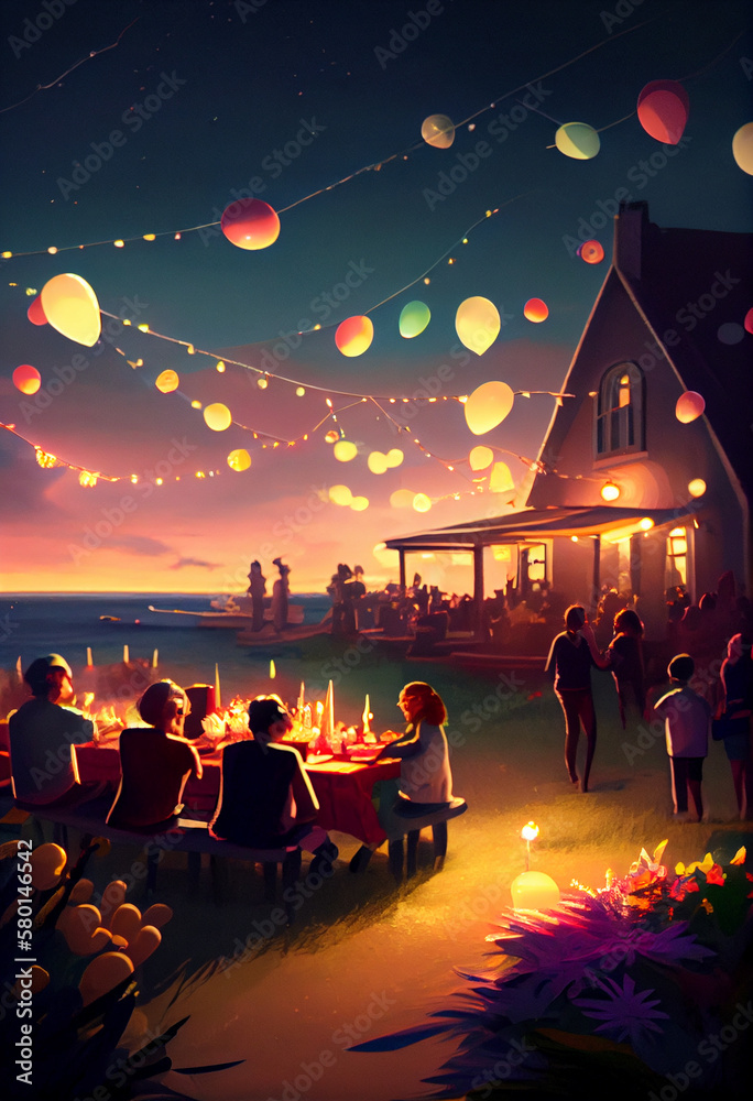 Outdoor party at the house. The backyard is decorated with garlands ...