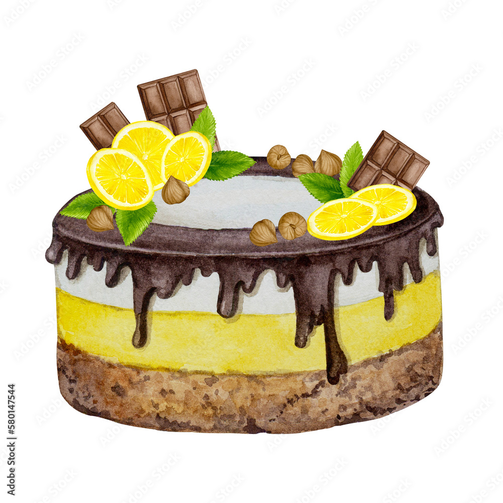 Lemon cake with chocolate, nuts and mint. Watercolor holiday clipart ...