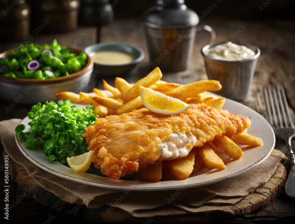 Crispy fried fish and thick - cut chips, all served with a side of ...