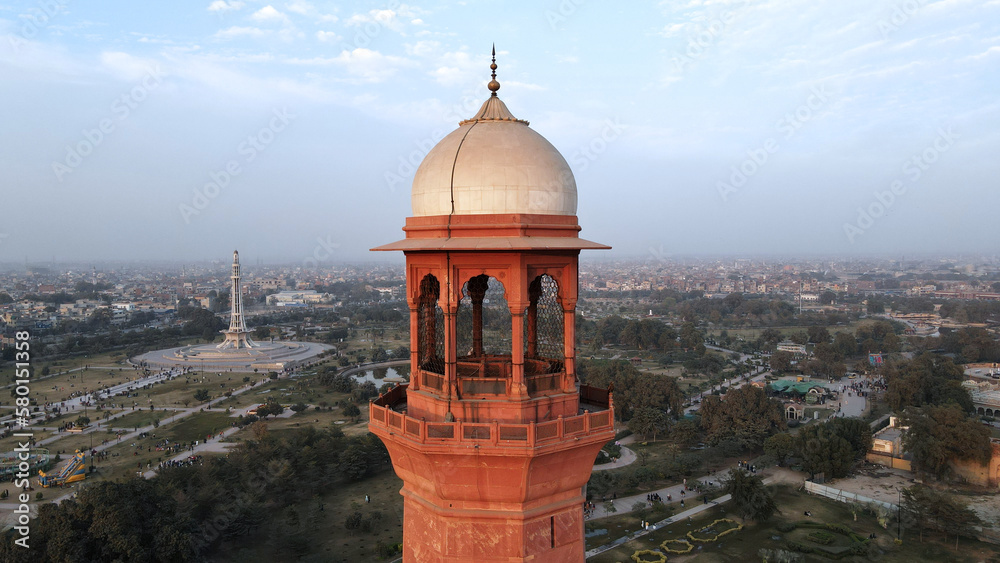 An aerial image of historic Badshahi Mosque's tower and Minar-e ...