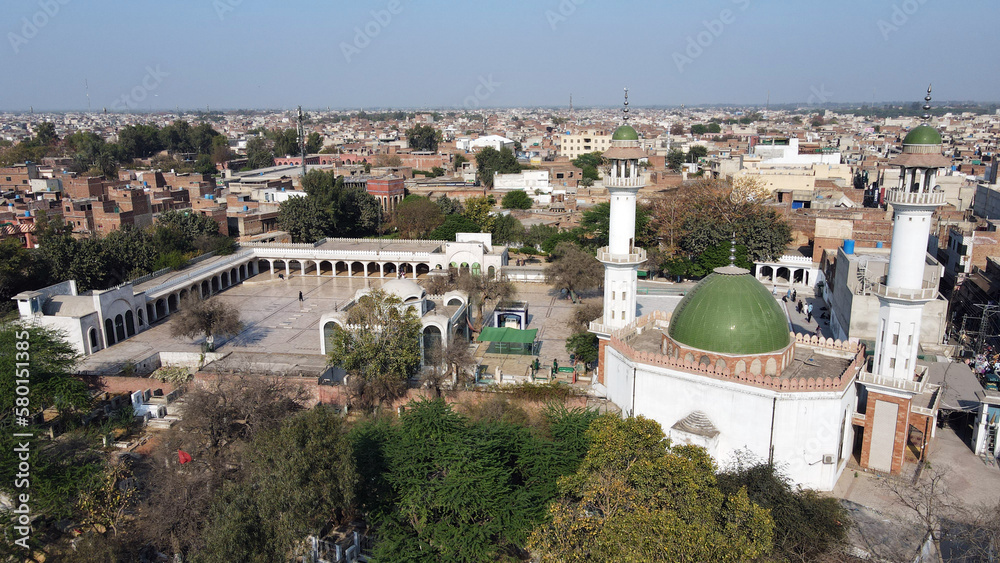 An aerial view of Baba Bulleh Shah shrine (A famous sufi saint and Punjabi poet), located in ...