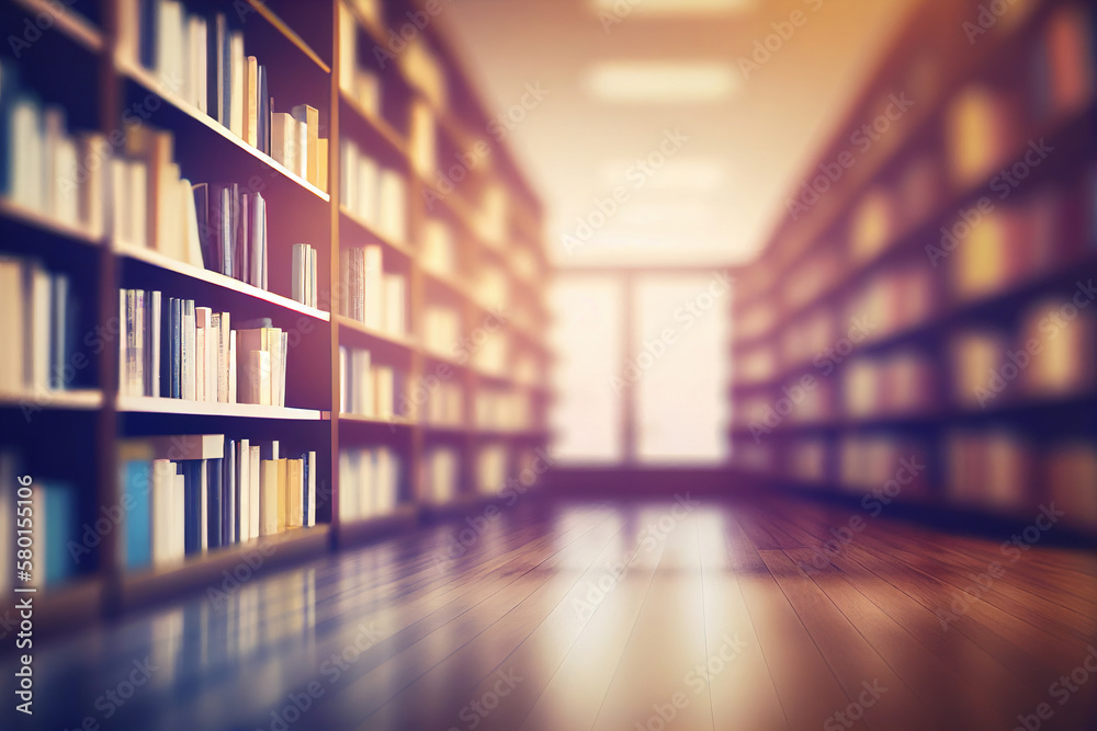 Abstract blurred empty college library interior space. Blurry classroom ...