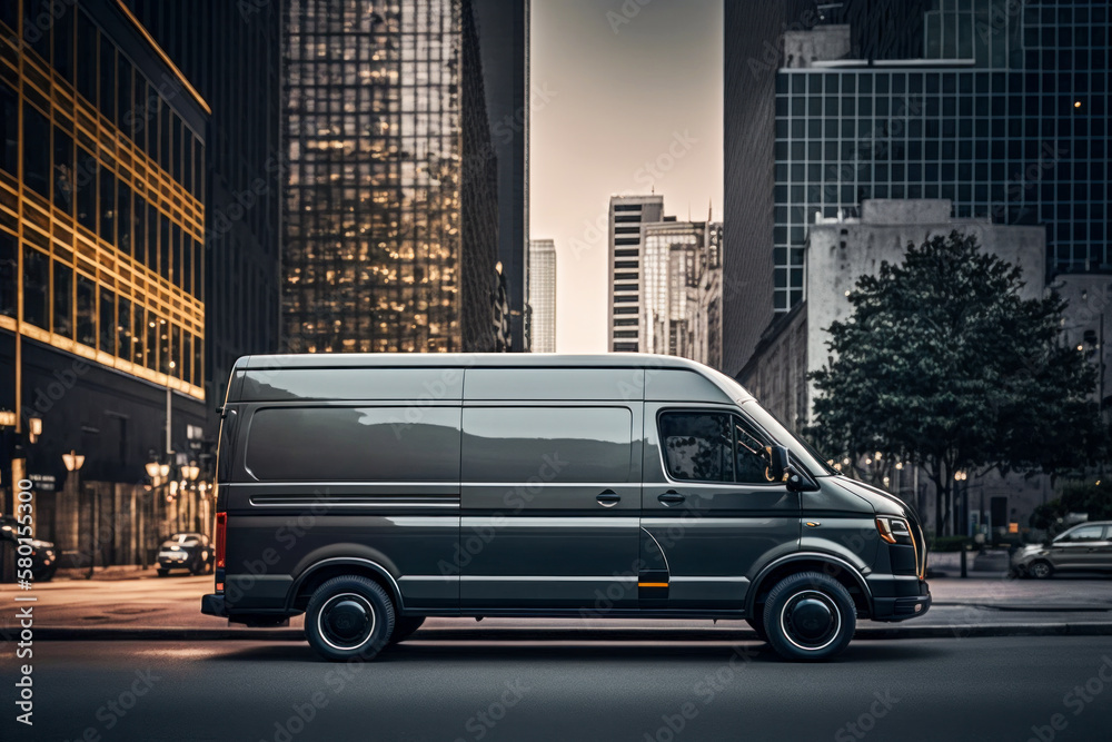 Dark grey cargo van. City street background. Side view. Stock ...