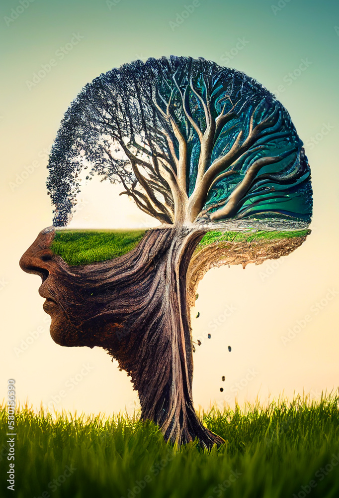 Human brain in form of a tree. Tree trunk with human brain. Concept of ...