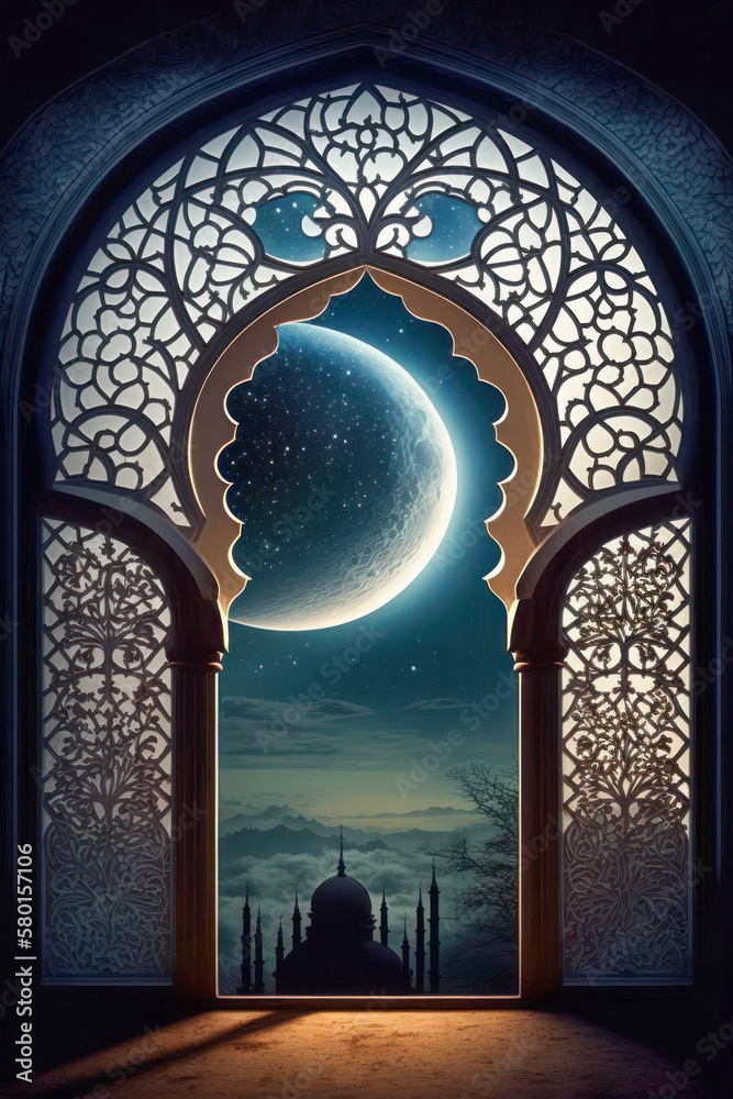 Moonlight shines through window into islamic mosque. Created with ...