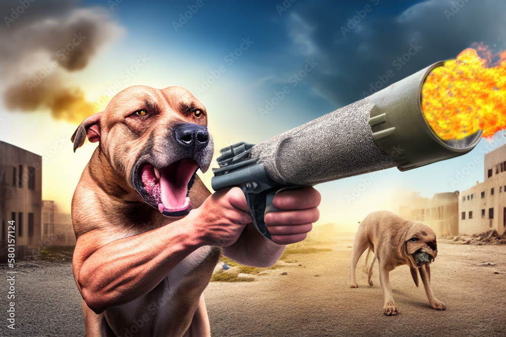 Dog with bazooka a shotsin cartoon. Bazooka in hands of evil dog. Evil ...