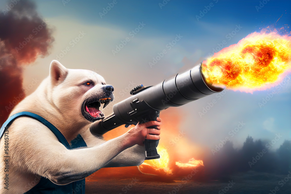 Dog with bazooka a shotsin cartoon. Bazooka in hands of evil dog. Evil ...
