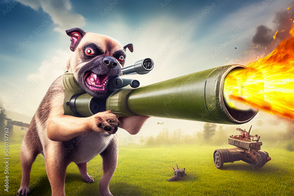 Dog with bazooka a shotsin cartoon. Bazooka in hands of evil dog. Evil ...