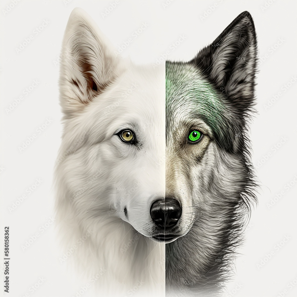 One half of photo is wild wolf, the other half is domestic white dog ...