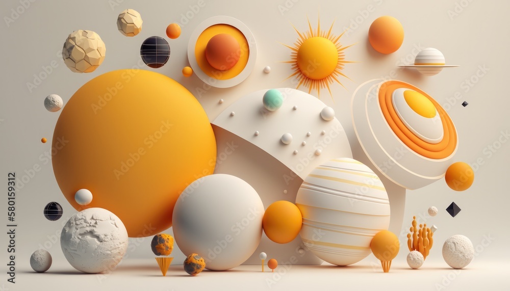 Minimalist 3D Solar System Illustration on white background, sun ...