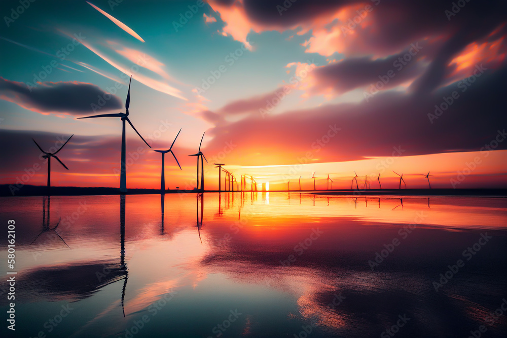 Offshore wind power. Wind turbines in sea on sunset. Offshore Wind farm ...