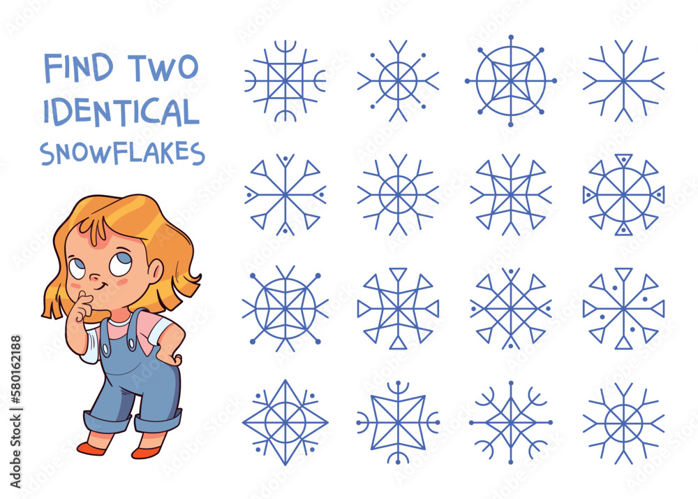Find two identical snowflakes. Find 2 same objects. Educational game ...