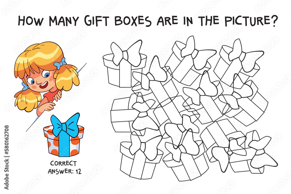 Count how many gift boxes are hidden in the picture. How many items are ...