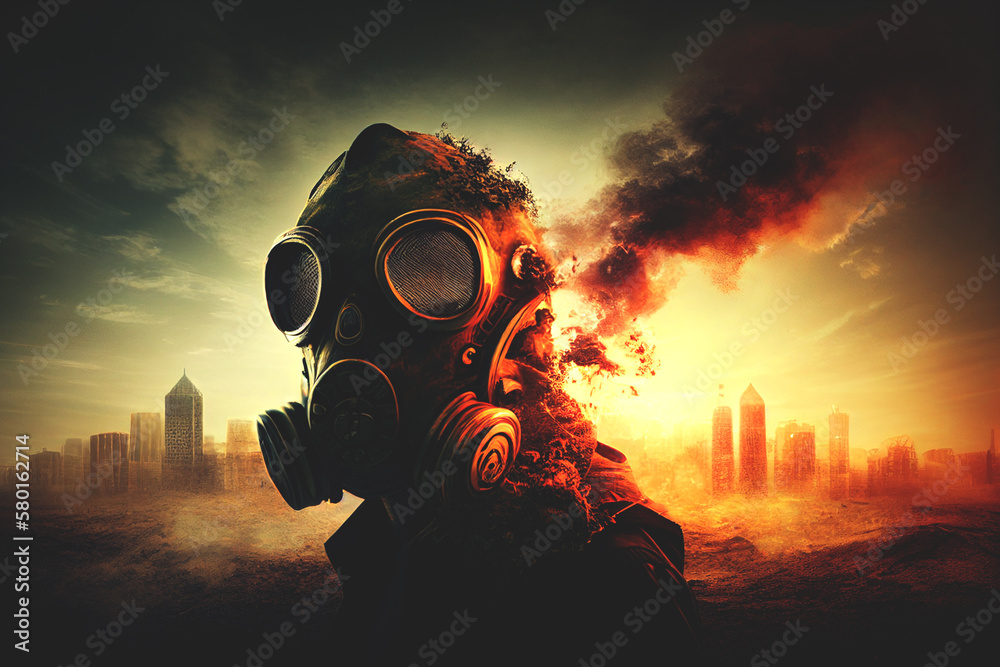 Gas mask on man during explosion. Chemical weapons against civil ...