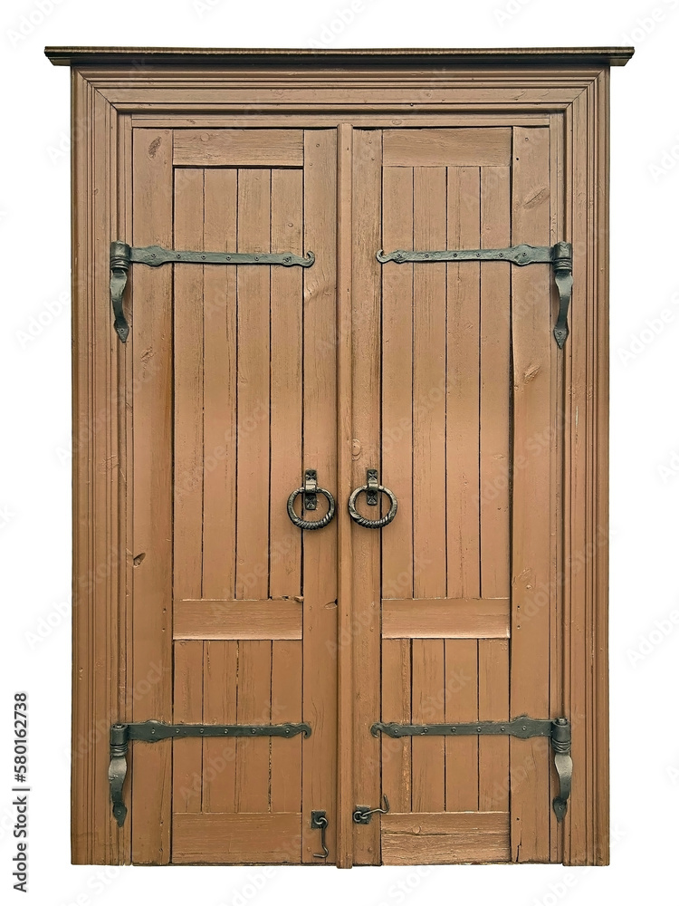Vintage wooden door. Double wooden door with large forged hinges and ...