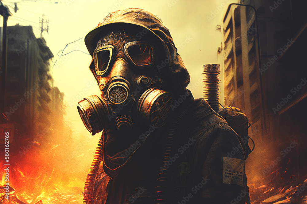 Gas mask on man during explosion. Chemical weapons against civil ...