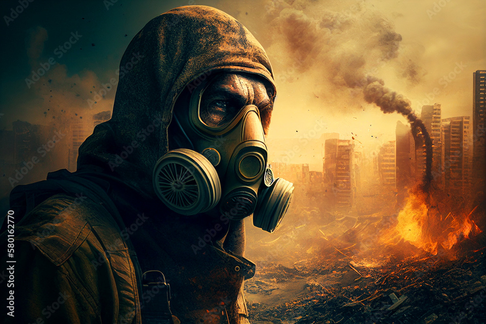 Gas mask on man during explosion. Chemical weapons against civil ...