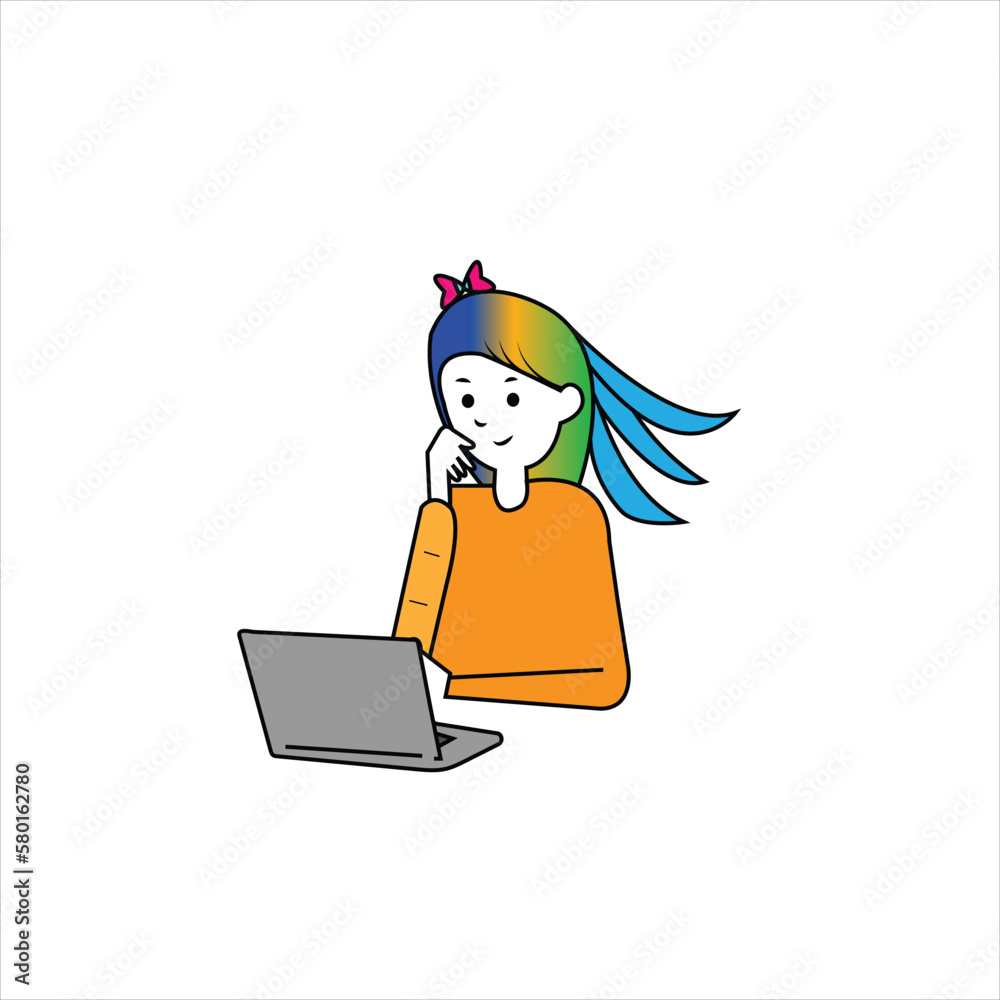 Vector cute girl with computer working on laptop cartoon vector icon ...