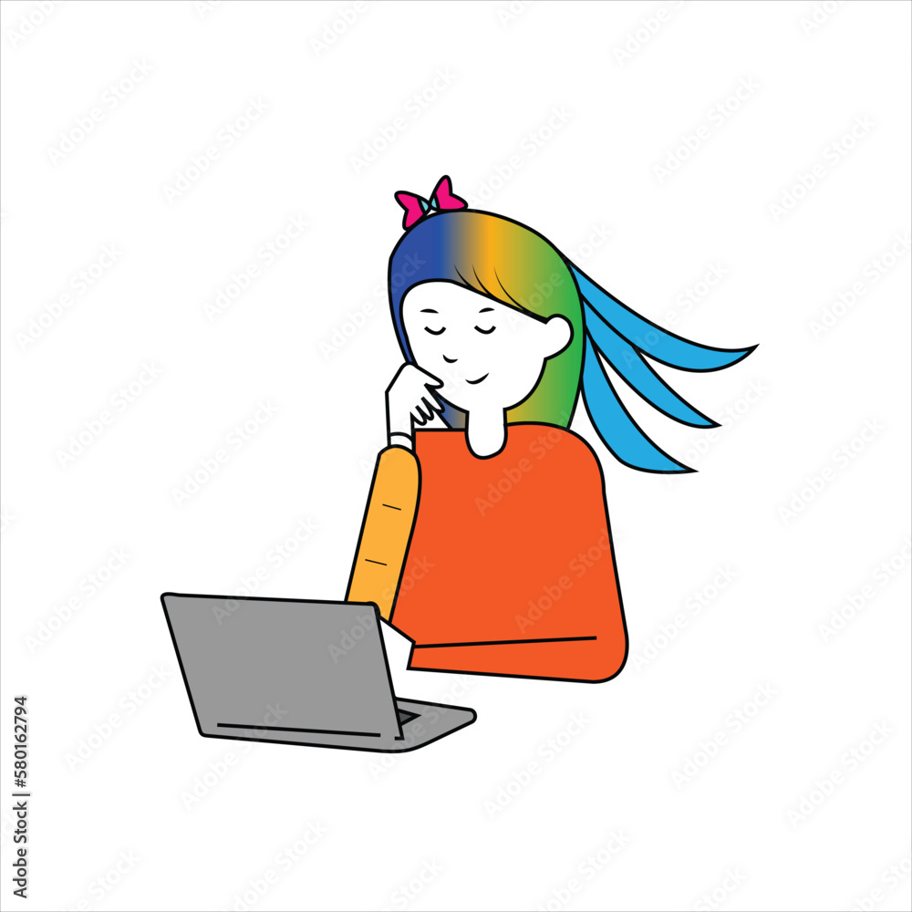 Vector cute girl with computer working on laptop cartoon vector icon ...