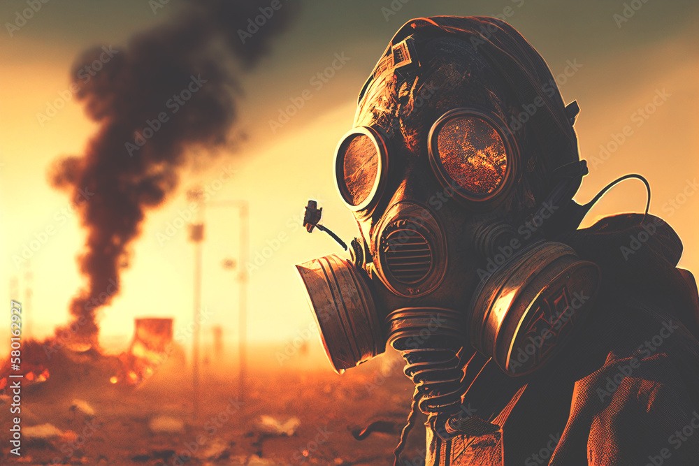 Gas mask on man during explosion. Chemical weapons against civil ...