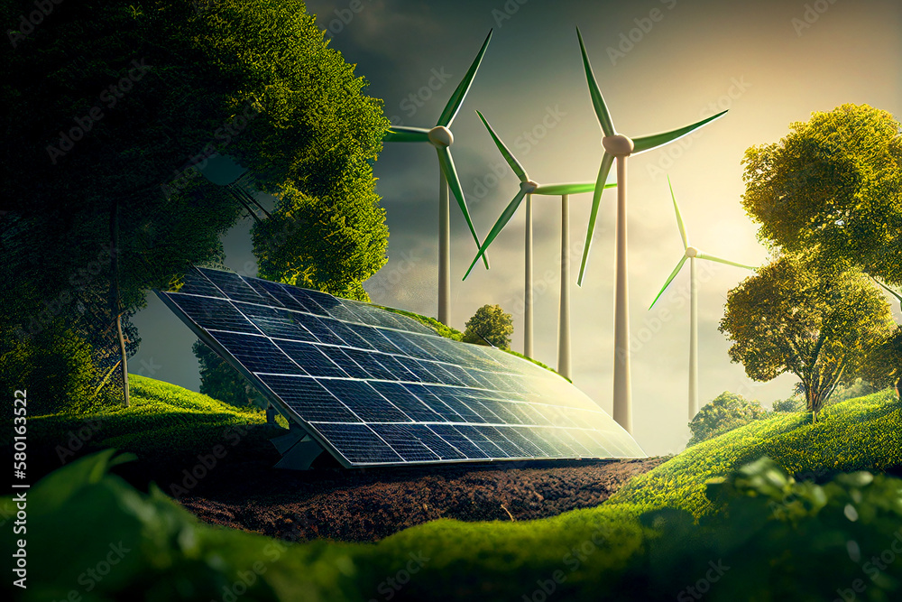 Solar panel and Wind Turbine concept. Solar energy from solar panels ...