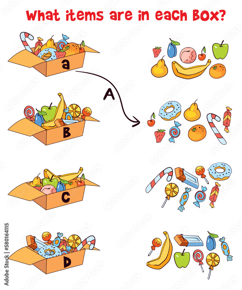 What items are in each box. Find items from the box. Educational game ...