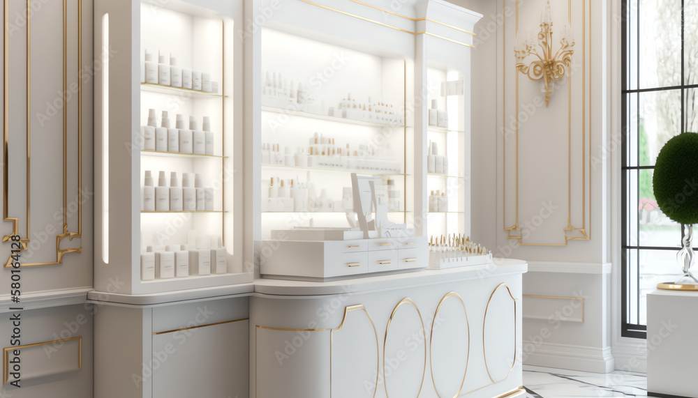 White glossy counter with skincare, cosmetic, treatment product in ...