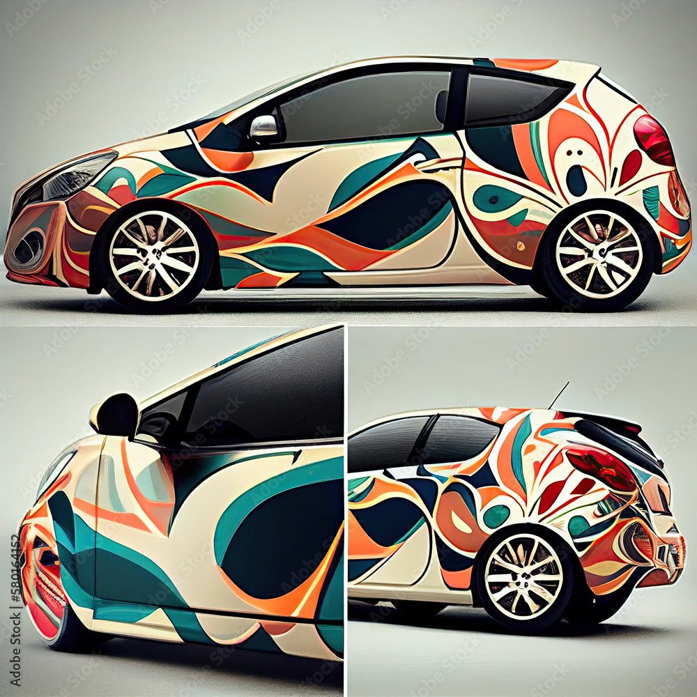 ภาพประกอบสต็อก an electric car with colorful designs on the front and ...
