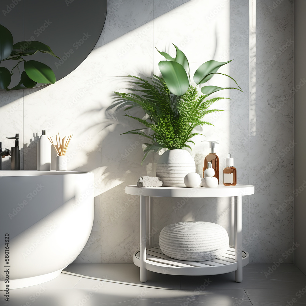 White round side table, bathtub, counter and tropical plant in modern ...