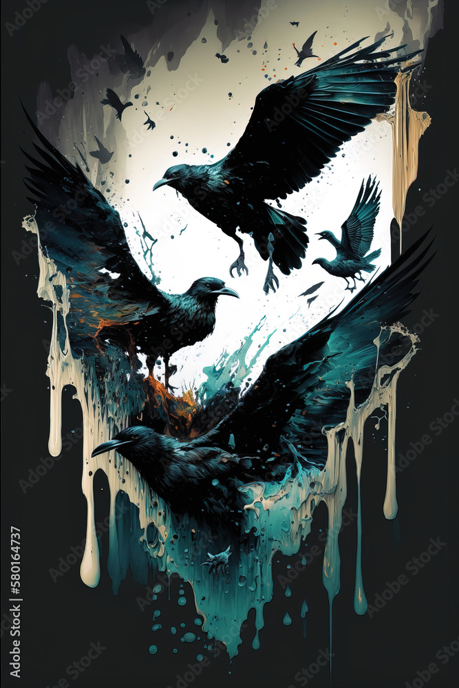 Oil spill with inky water and birds coated in oil. Painterly style with ...
