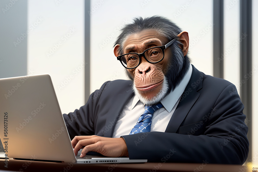 A antropomorhic chimpanzee ape in a suit and tie in role of a ...