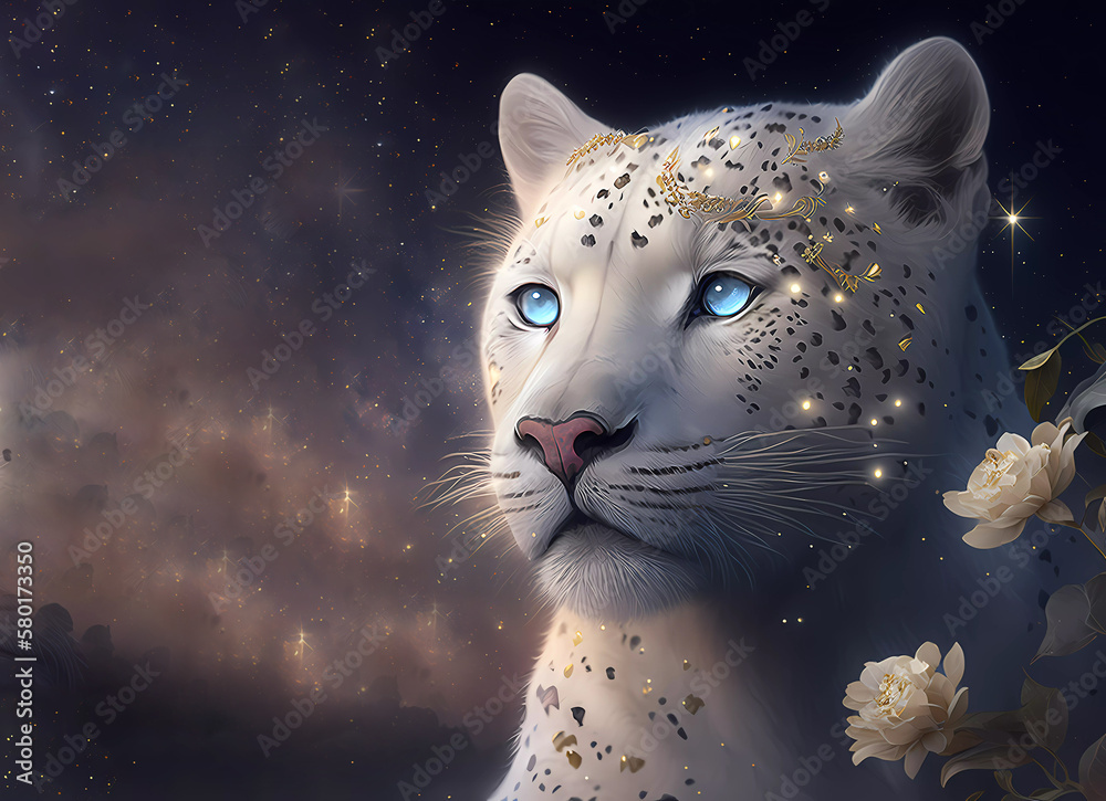 white panther in flowers. Night starry sky background. AI generated ...