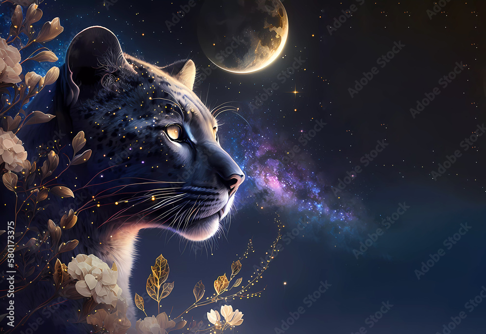 ภาพประกอบสต็อก Black panther in flowers on the night background of the ...