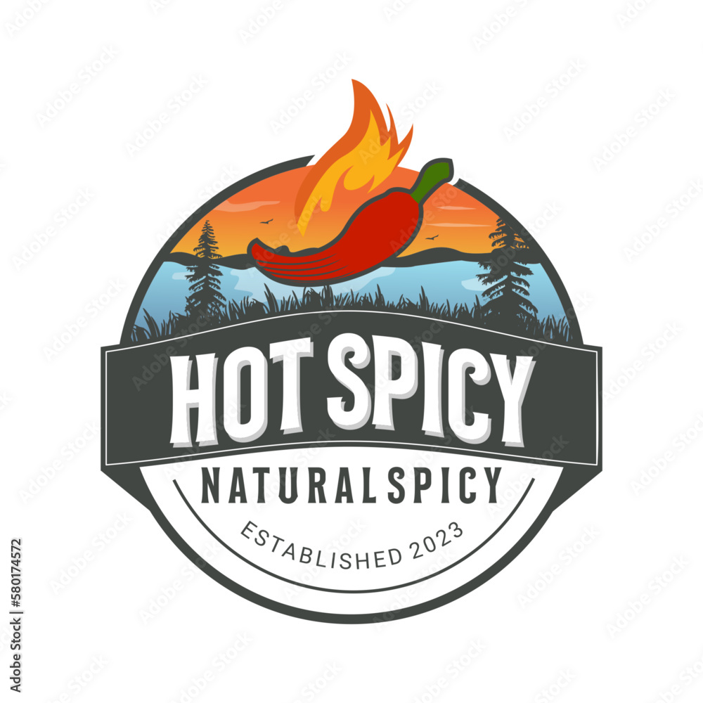 Vintage Emblem Logo for Hot Spicy Cuisine Restaurant with nature view ...
