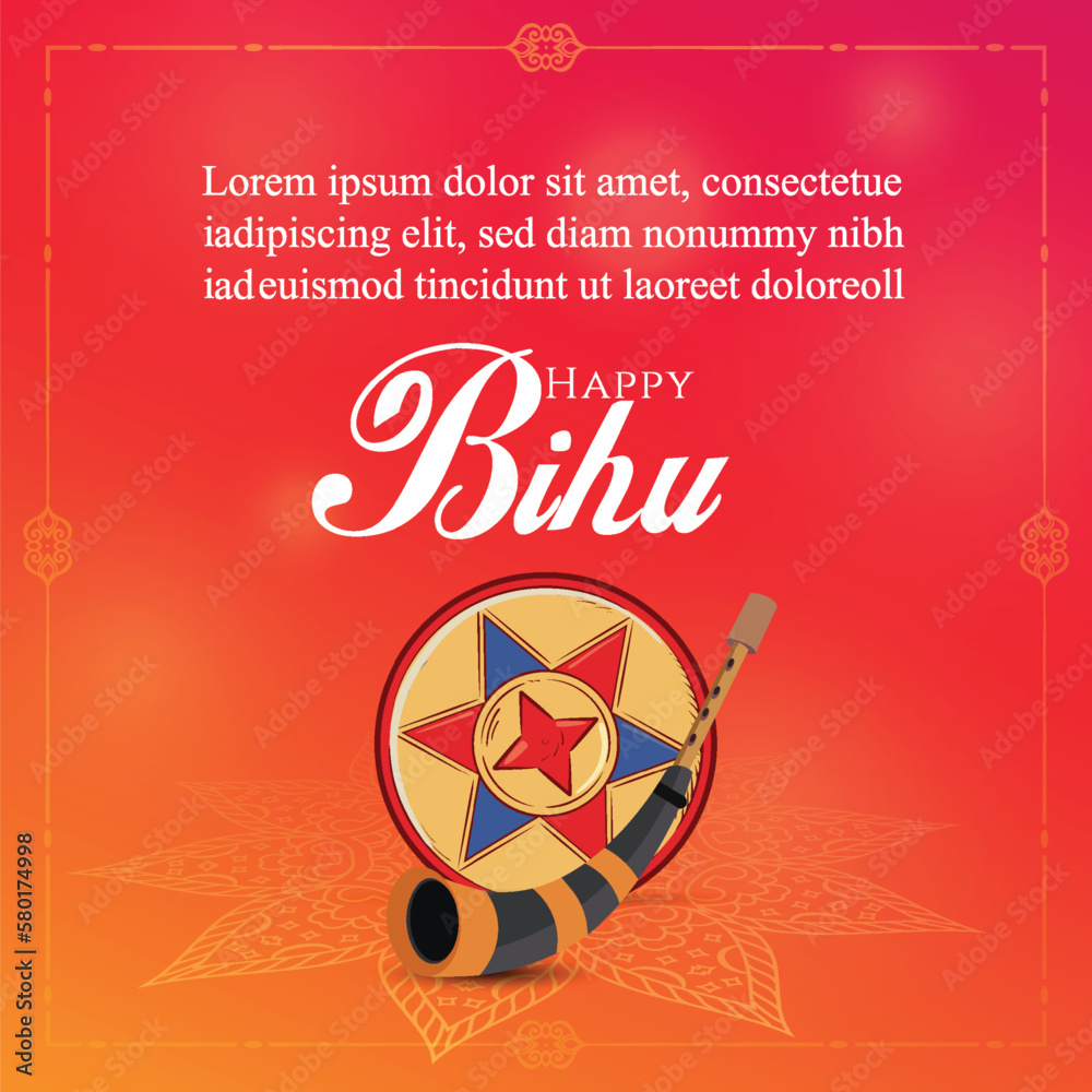 Greeting background with gamosa, japi (bamboo hat) and pepa (horn) for ...