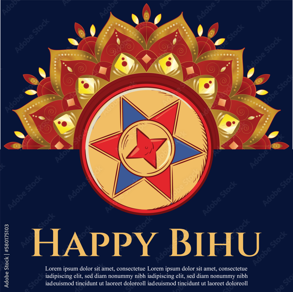 Greeting background with gamosa, japi (bamboo hat) and pepa (horn) for ...