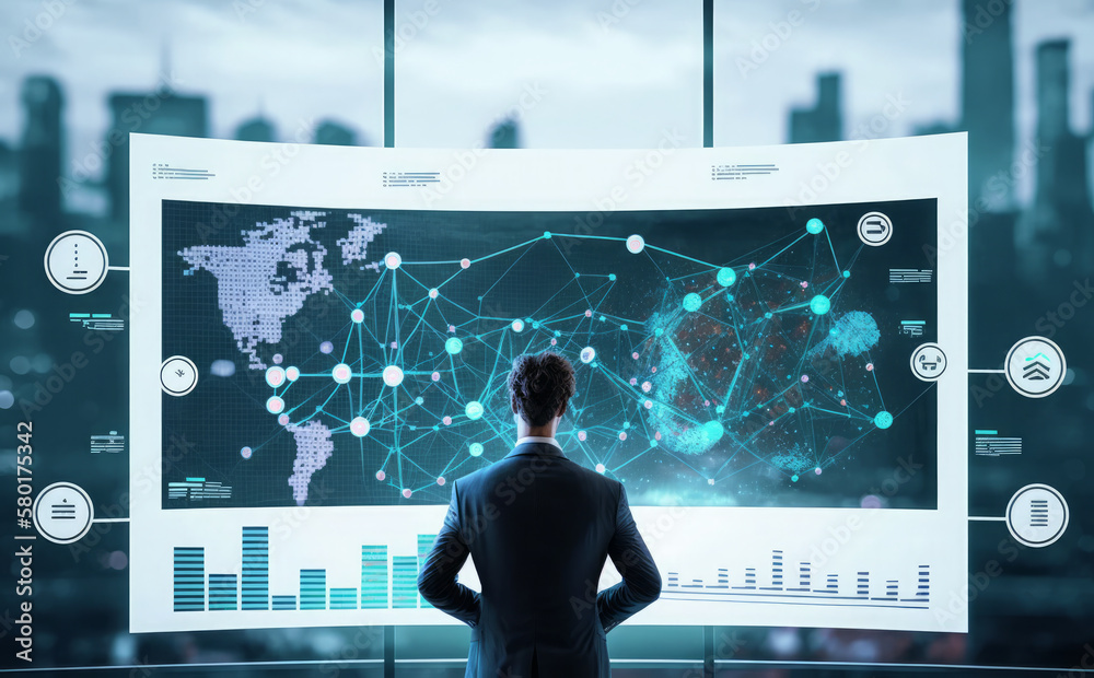 Big data analytics visualization technology, scientist analyzing information structure on screen ...