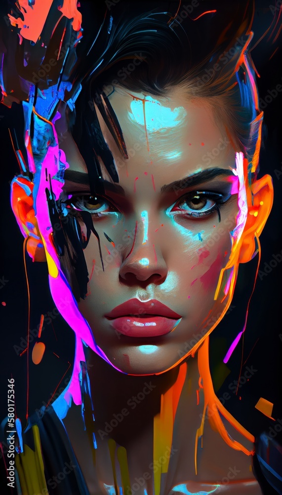 woman paint splatters face neon version perfect young angry unusually ...