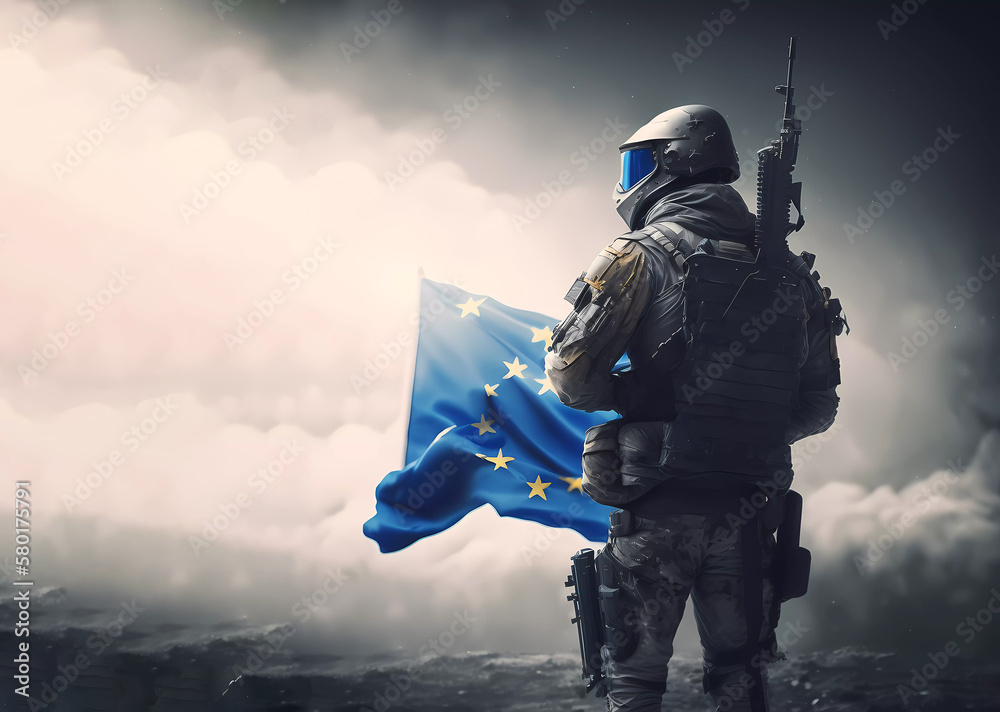 Soldier with a machine gun. EU Flag Day. EU flag. AI generated Stock ...