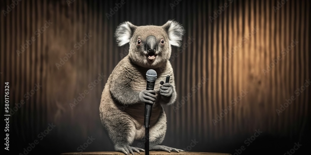 ภาพประกอบสต็อก Koala holding microphone and standing on stage looking ...