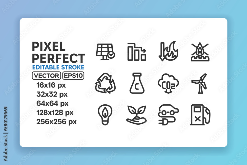 Net zero strategies icon set in linear style, featuring icons of ...